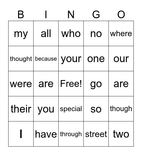 Tricky Words-2nd Grade Bingo Card
