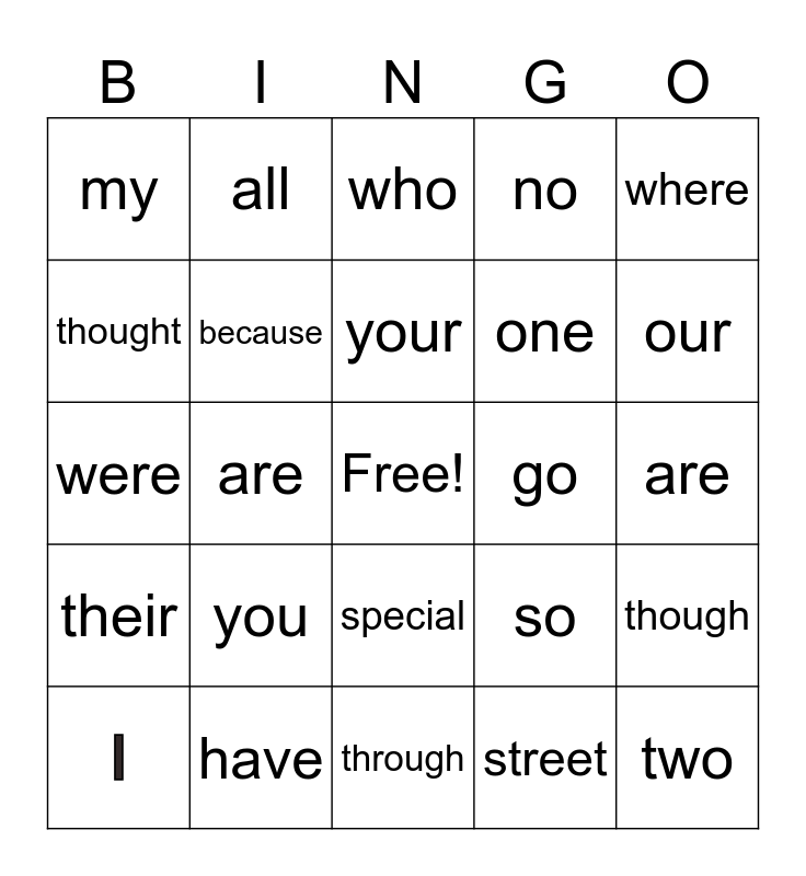 Tricky Words-2nd Grade Bingo Card