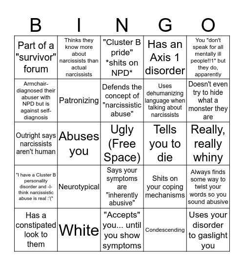 "Weh Weh Narcissists Are Bad" Bingo Card
