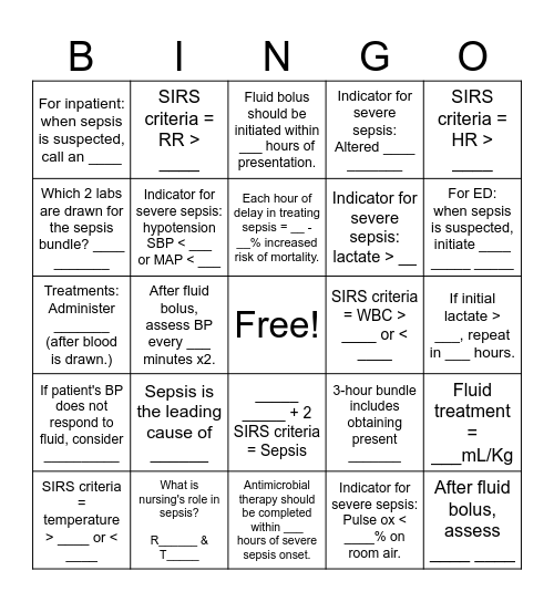 Sepsis Bingo Card
