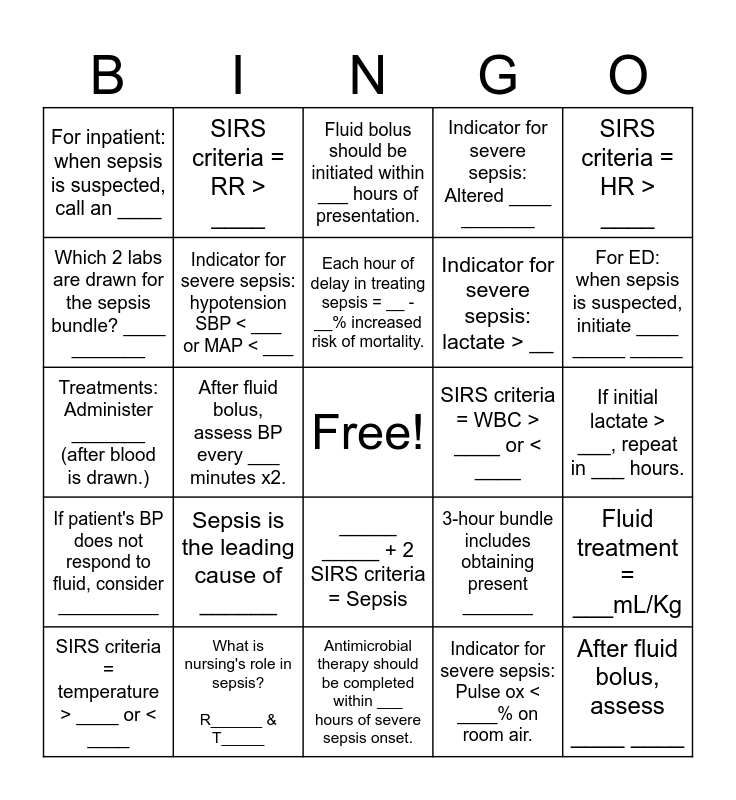 Sepsis Bingo Card