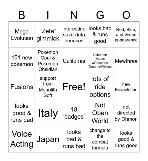 Gen 10 Bingo Card