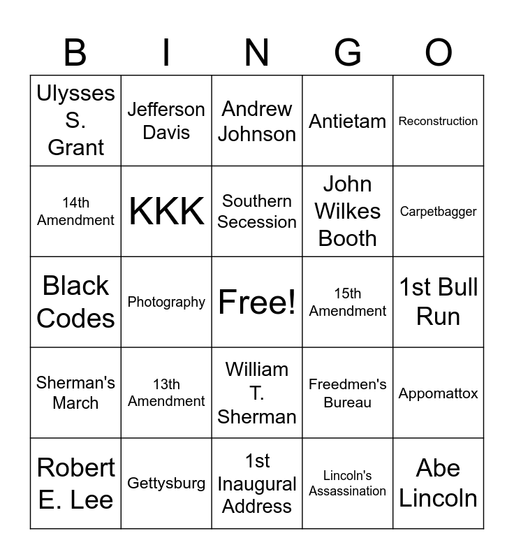 Civil War and Reconstruction Bingo Card