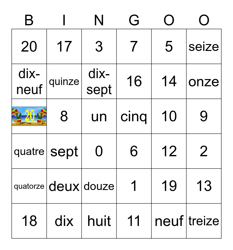 Les numéros 0 - 20 Bingo Card