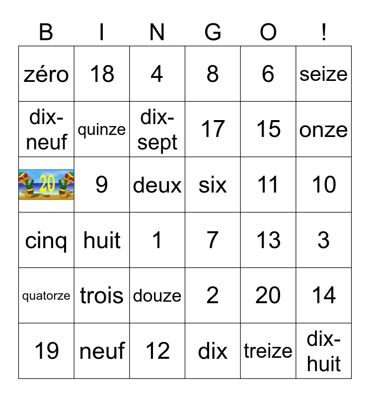 Les numéros 0 à 20 Bingo Card