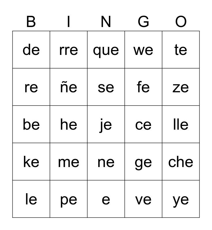 Sílabas con e Bingo Card