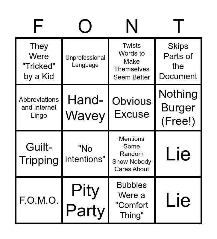 Font Response Bingo Card