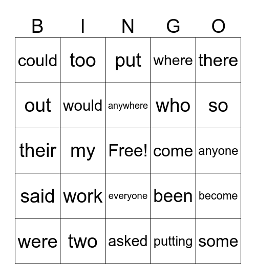 Step 2 High Frequency Words Bingo Card