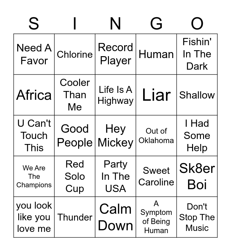 Sing Along Songs Bingo Card