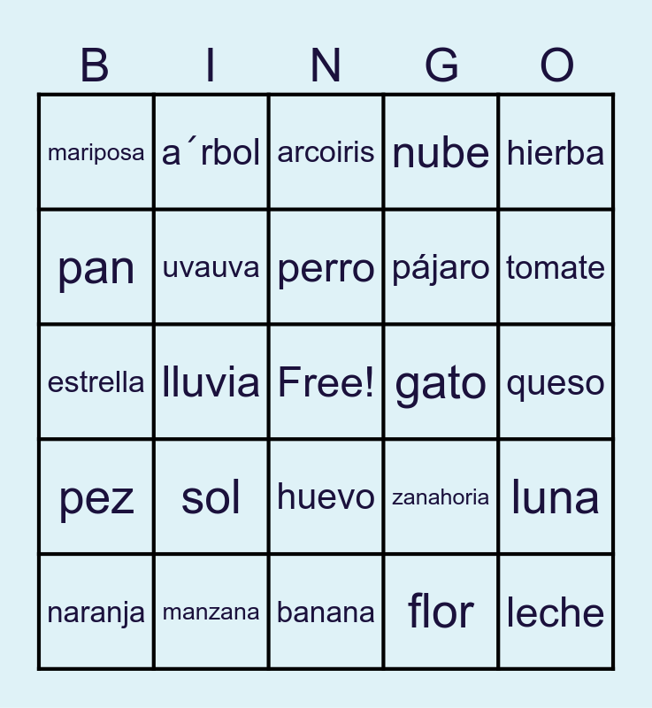 Spanish Vocabulary Bingo Card