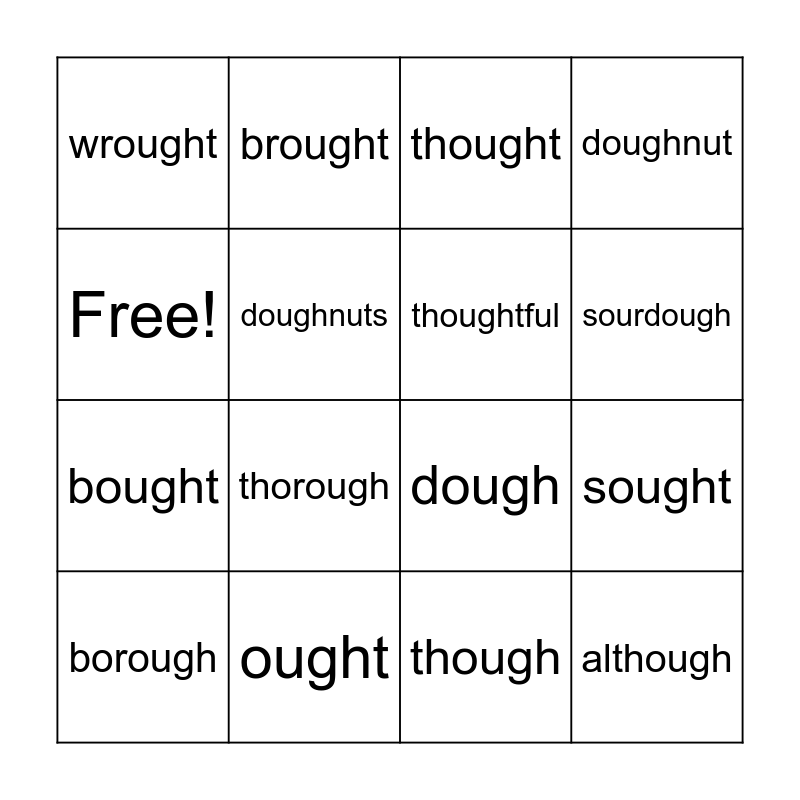 Lesson 116: ough /aw/, /o/ Bingo Card