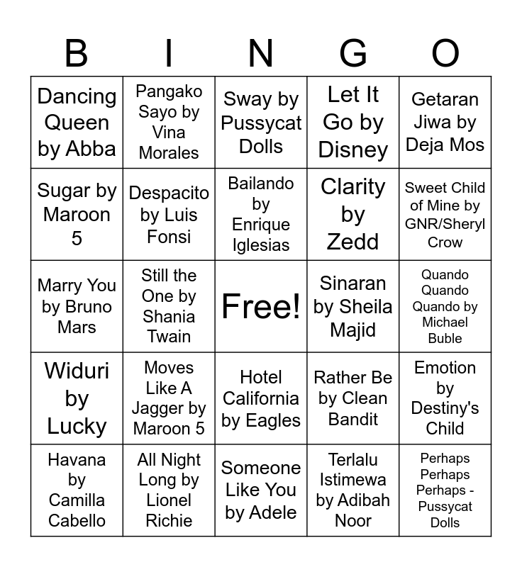 Musical Bingo Card