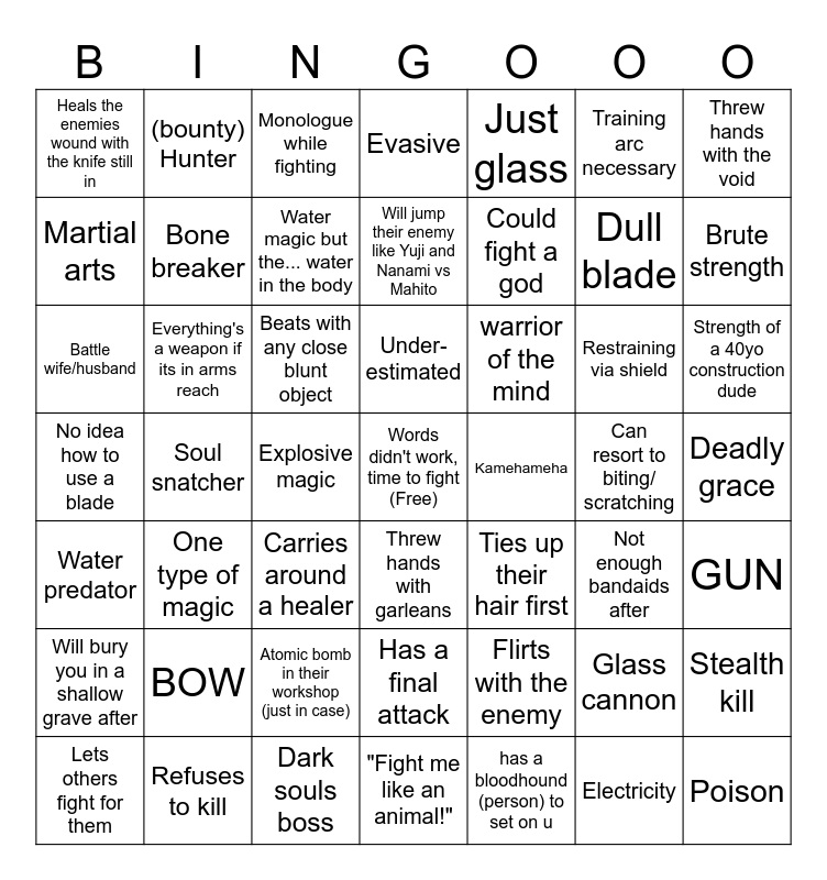 Ultimate Combat Bingo Card
