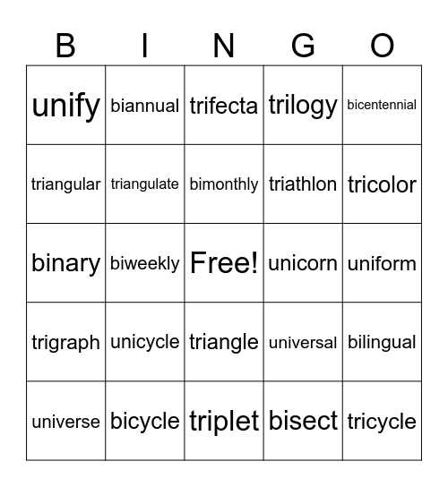 Lesson 127: uni-, bi-, tri- Bingo Card