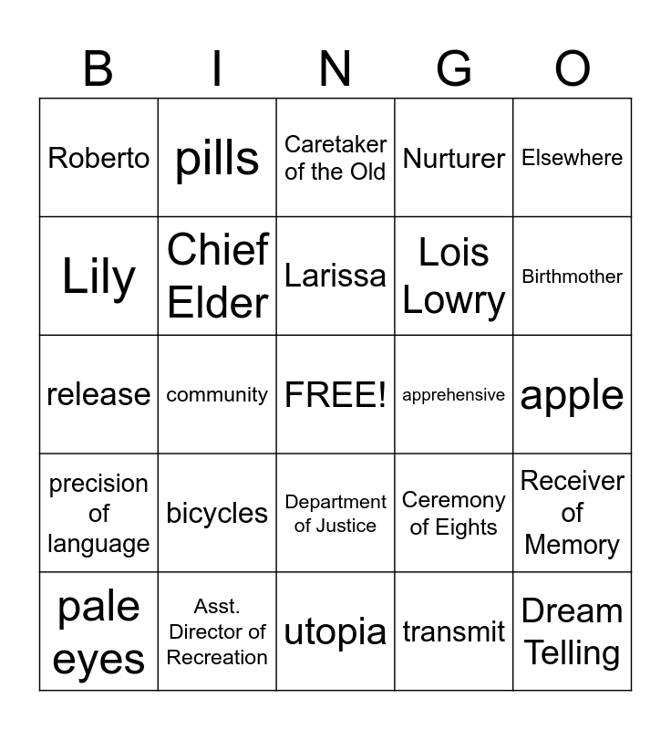 The Giver Bingo Card