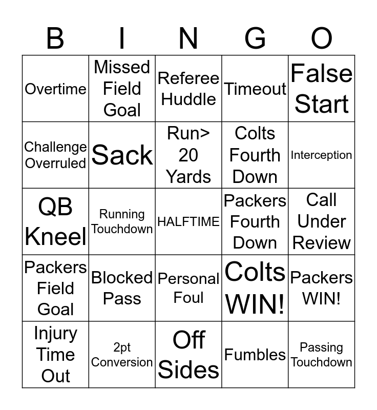 Hall of Fame NFL Packers vs. Colts Game Bingo Card
