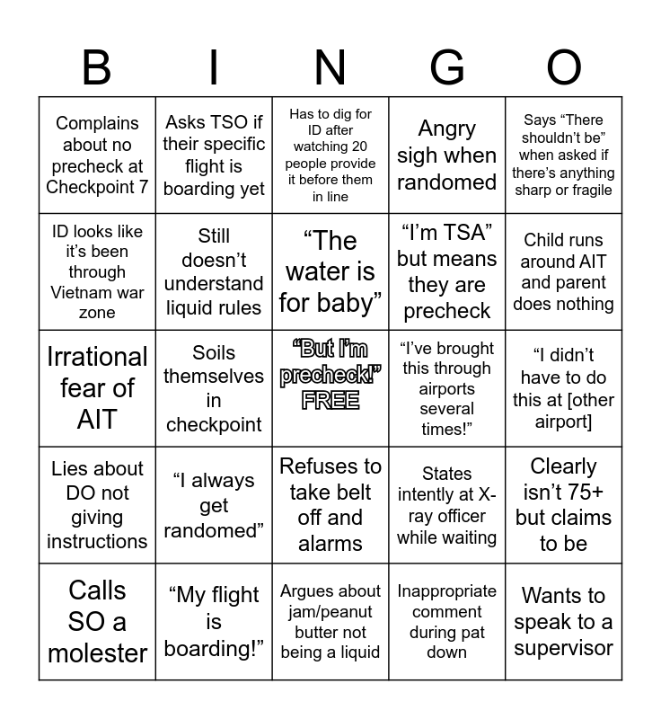 Passenger Bingo Card