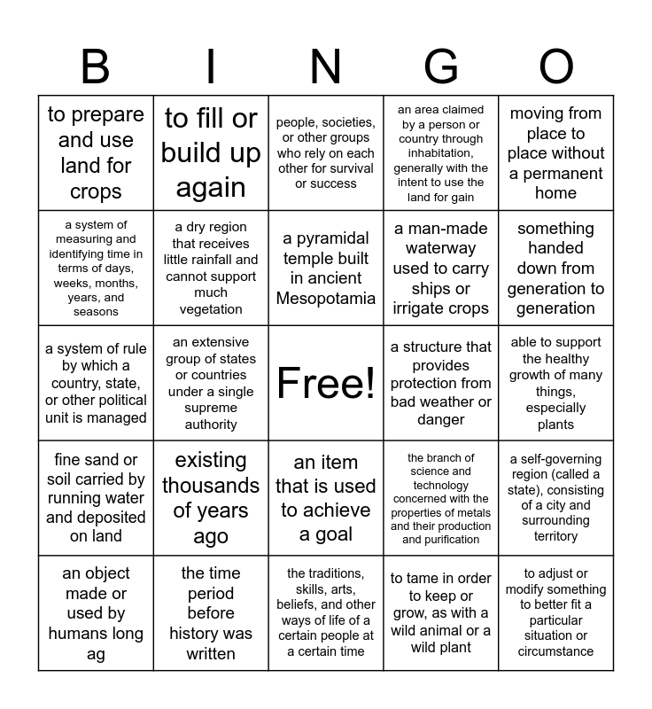 6th Grade Bingo Card