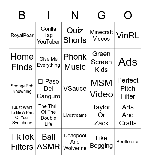 YouTube Shorts Bingo Card