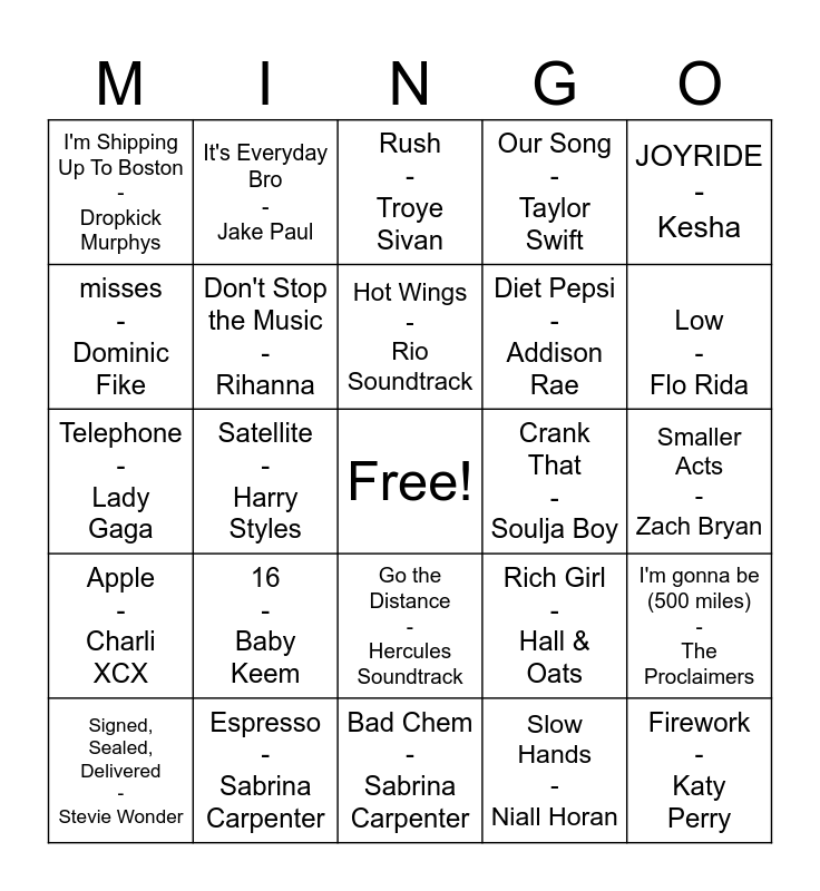 Playback Mingo Bingo Card