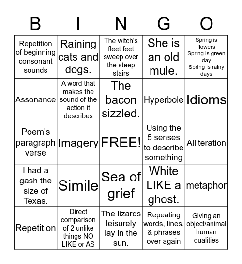 Figurative Language Bingo Card