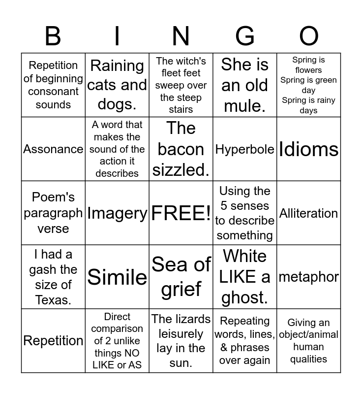 Figurative Language Bingo Card