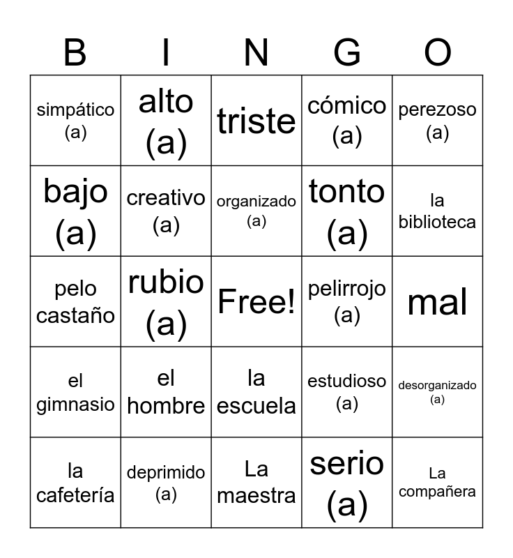 Unidad 2 - Vocabulario Bingo Card
