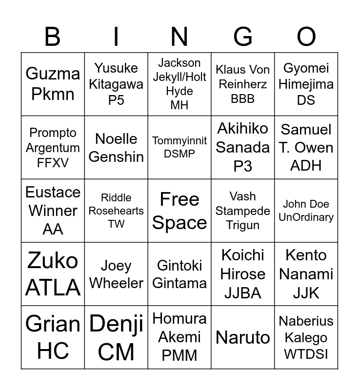 Favorite Character Bingo Card