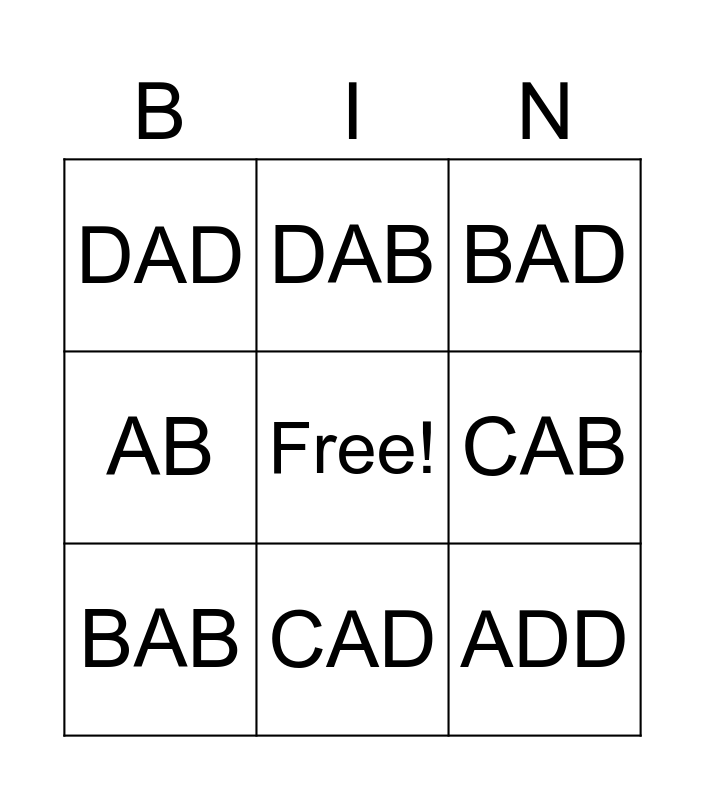 ABCD WORDS Bingo Card