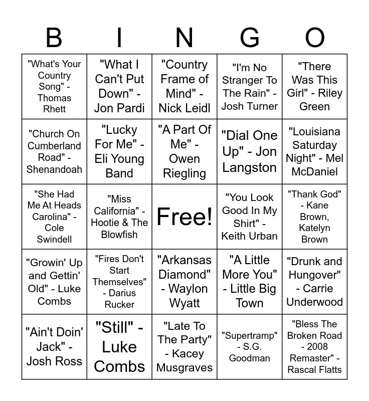 Country Music Bingo Round #2 Bingo Card
