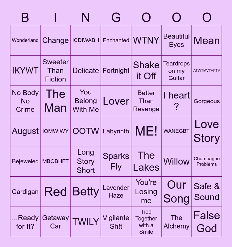 T-Swizzle Bingo Card