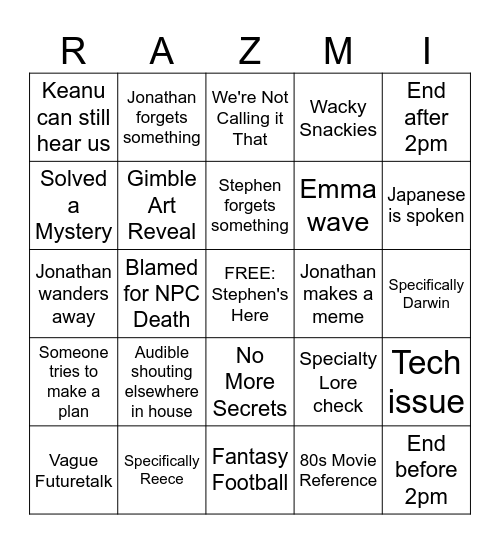 Fateless RAZMI Bingo Card