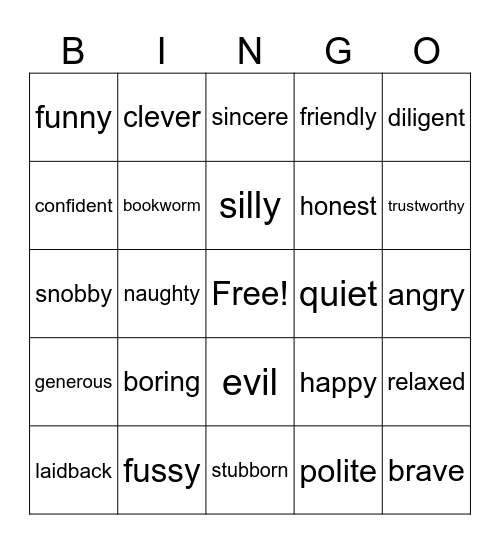 Personality Traits Bingo Card Personality Traits Bingo Card