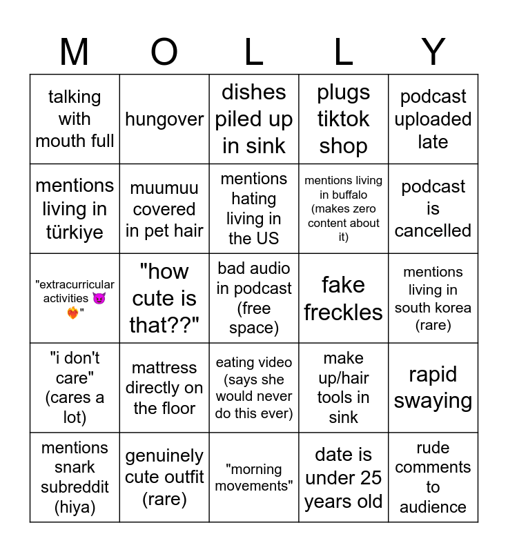 molly e rutter bingo Card