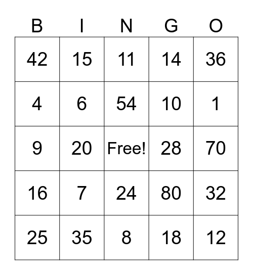 Multipilcation Bingo Card
