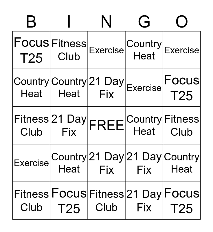 Workout Bingo Card