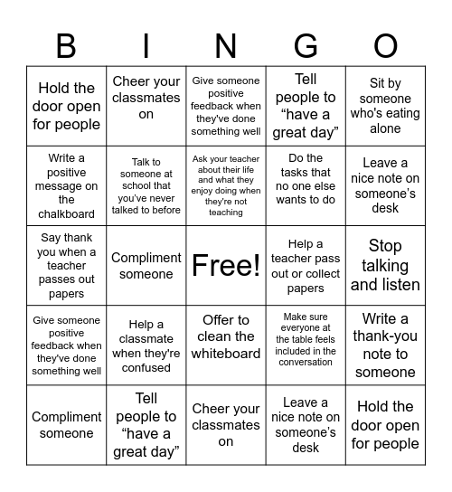 Bullying Prevention -- Let's be Kind Bingo Card