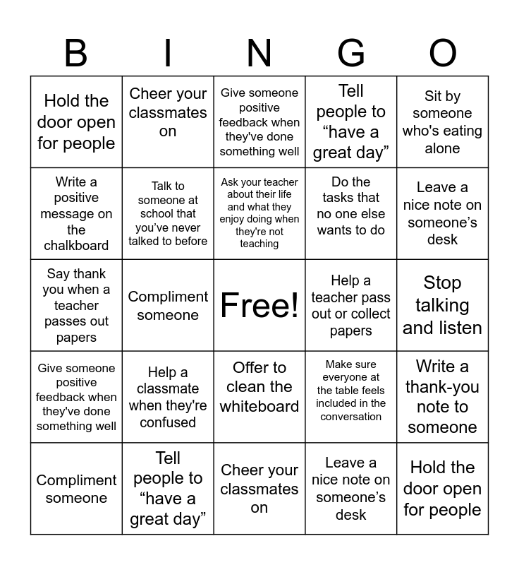 Bullying Prevention -- Let's be Kind Bingo Card