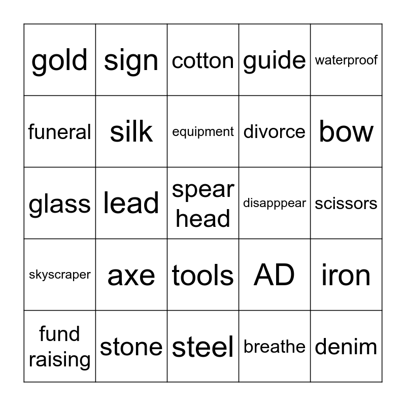 Materials and other stuff Bingo Card