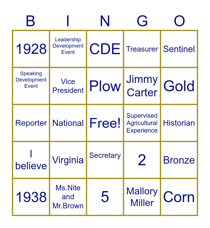 FFA Trivia Bingo Card