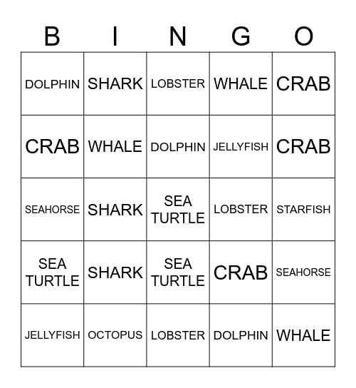 SEA ANIMALS Bingo Card