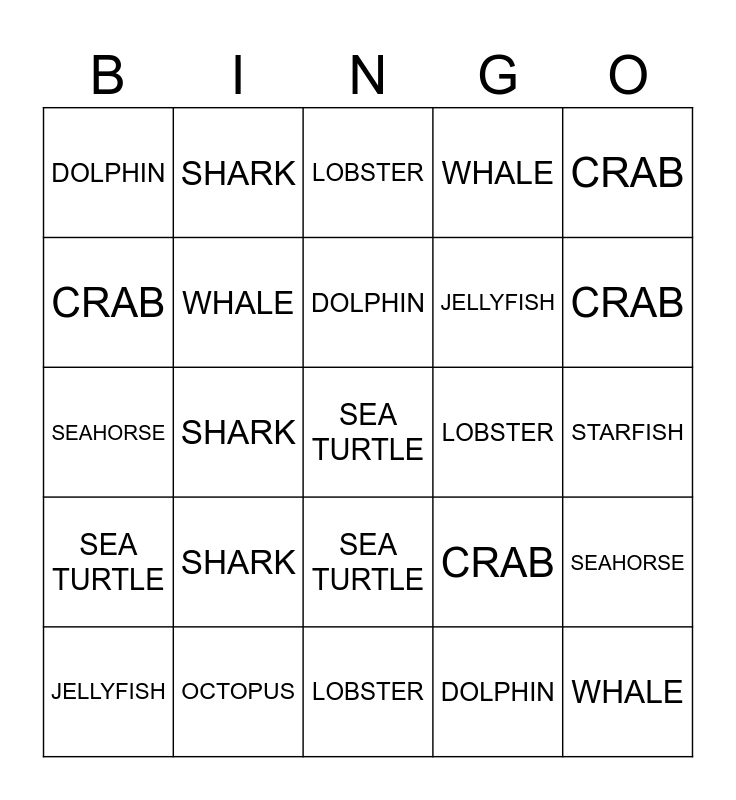 SEA ANIMALS Bingo Card