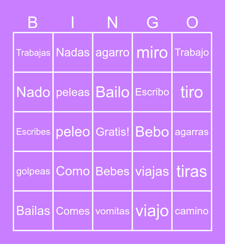 Spanish Verbs Bingo Card