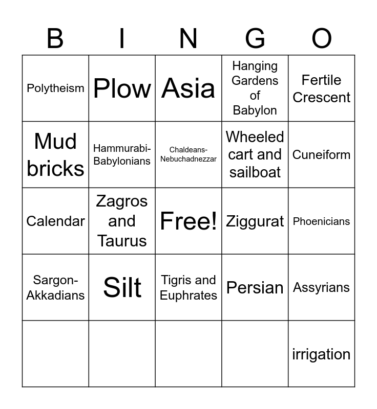 Ancient Mesopotamia Bingo Card
