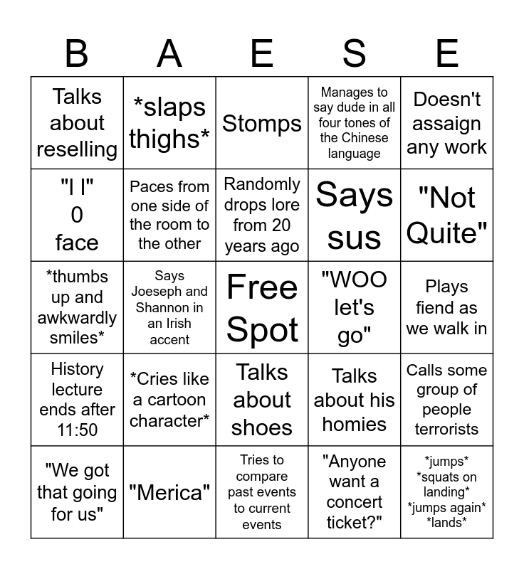 BAESE BINGO Card
