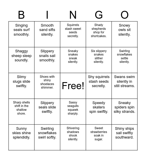 Silly S sentences Bingo Card