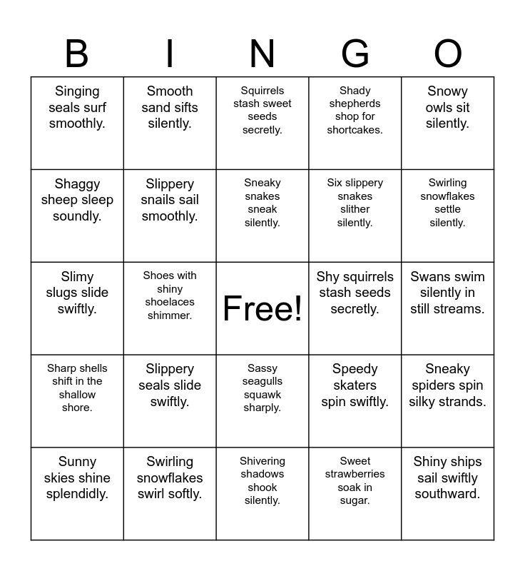 Silly S sentences Bingo Card
