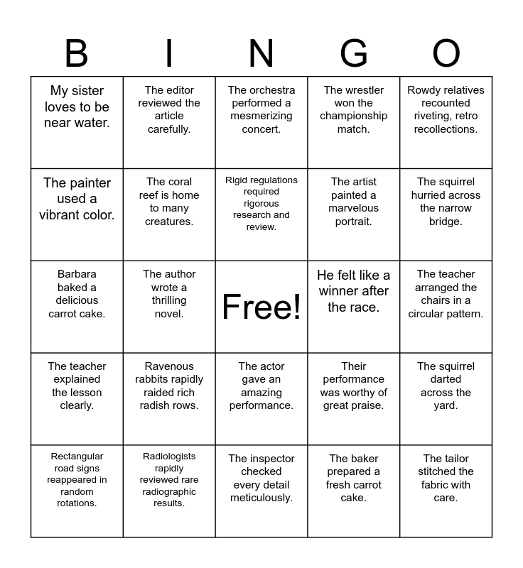 R sentences Bingo Card