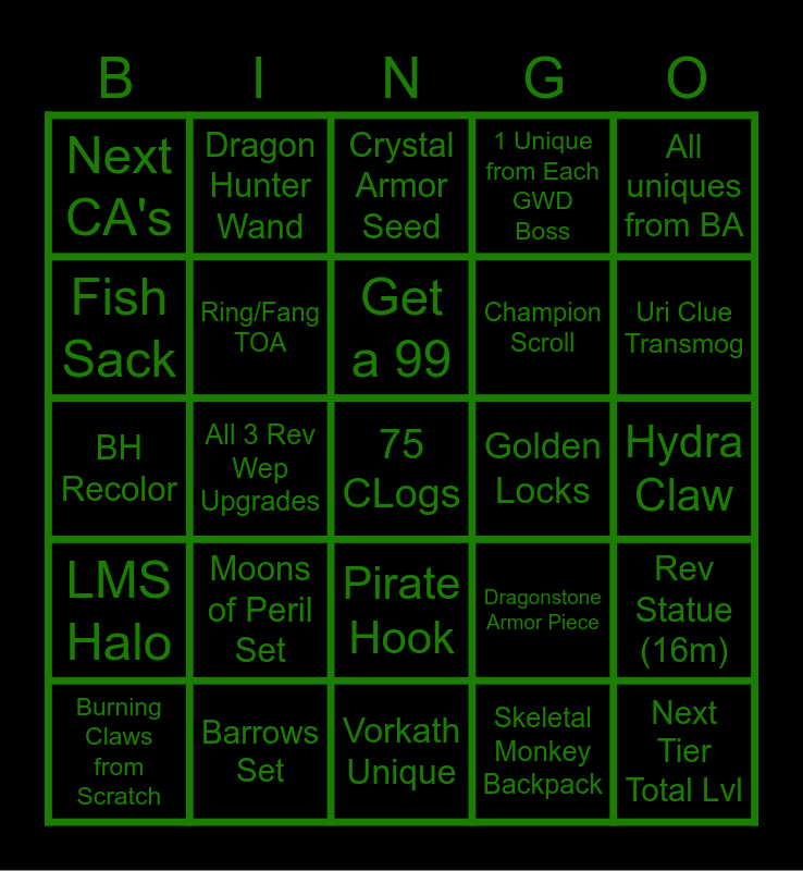 25 points Bingo Card