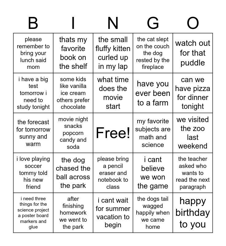 Punctuation Bingo Card